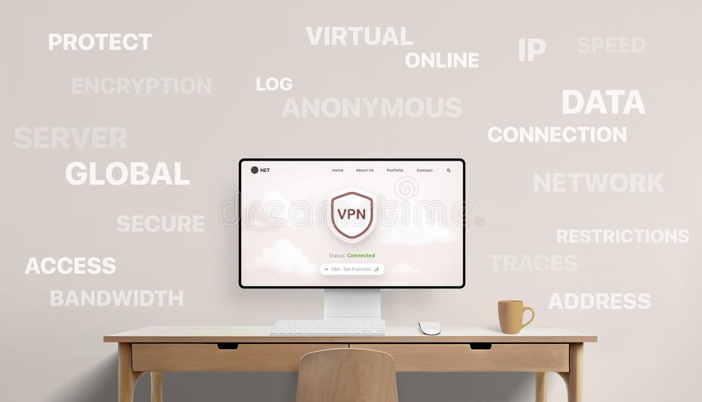 VPN Dashboard on Screen with Numerous Wall Words Like Protect Stock Photo - Image of encrypted ...