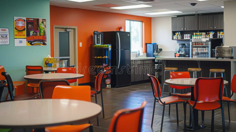 Break Room Interior with Tables and Snack Machines Stock Photo - Image ...