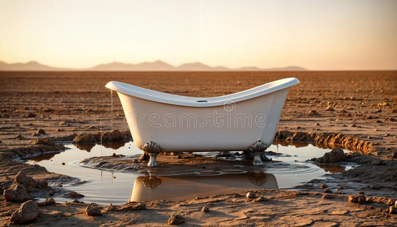 White Bath in a Puddle in the Middle of the Desert Stock Illustration ...