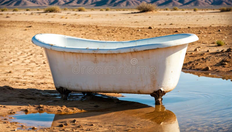 White Bathtub in the Middle of Desert and Sand Dunes. Bath in a Puddle ...