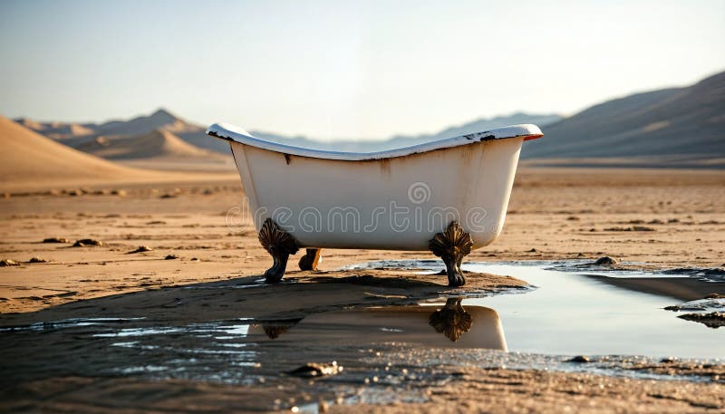 White Bathtub in the Middle of the Desert and Sand Dunes. Bathtub in a ...
