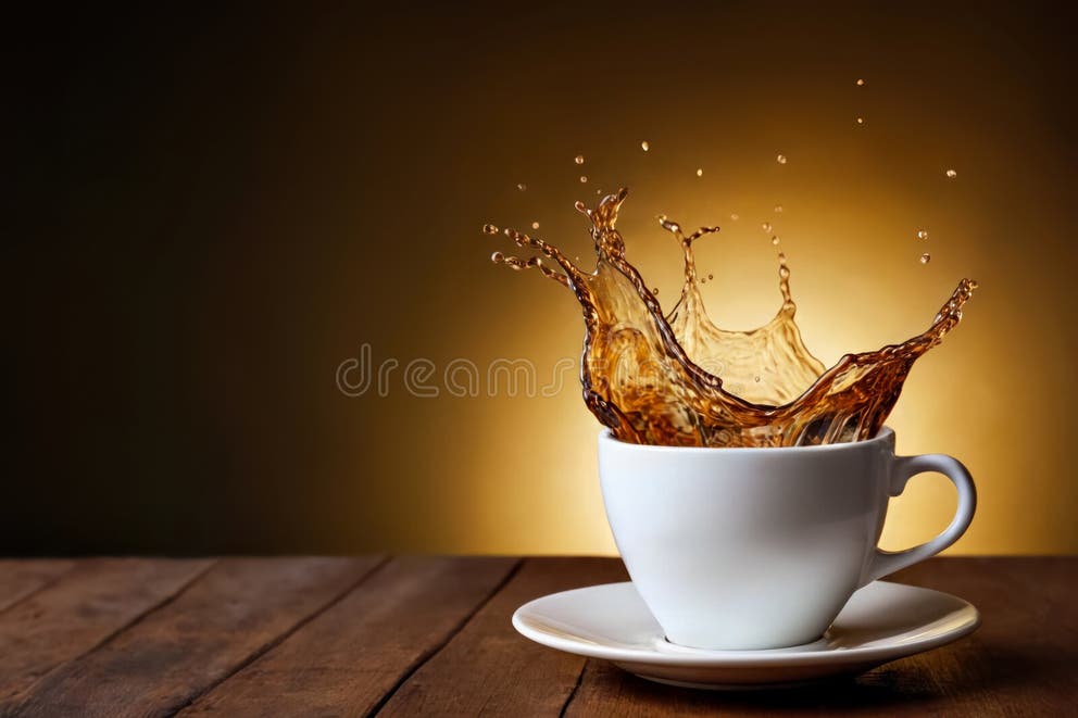 White Cup of Coffee or Tea with Splash on Wooden Table Stock ...