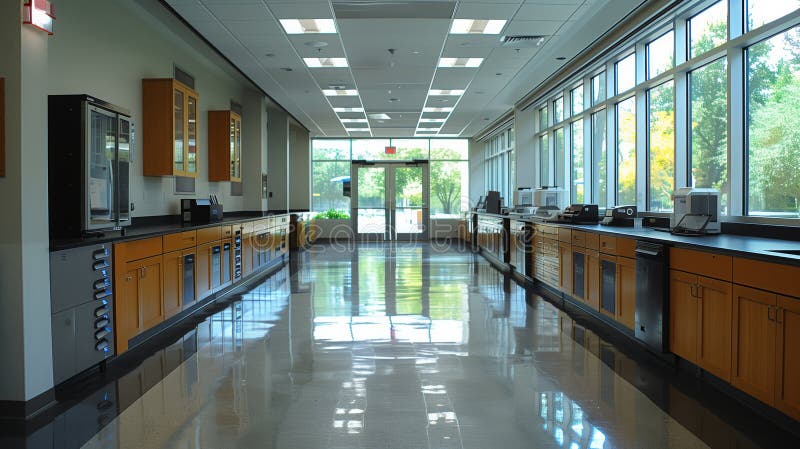 Wide Shot of a Modern Laboratory Hallway with Cabinets and Large ...