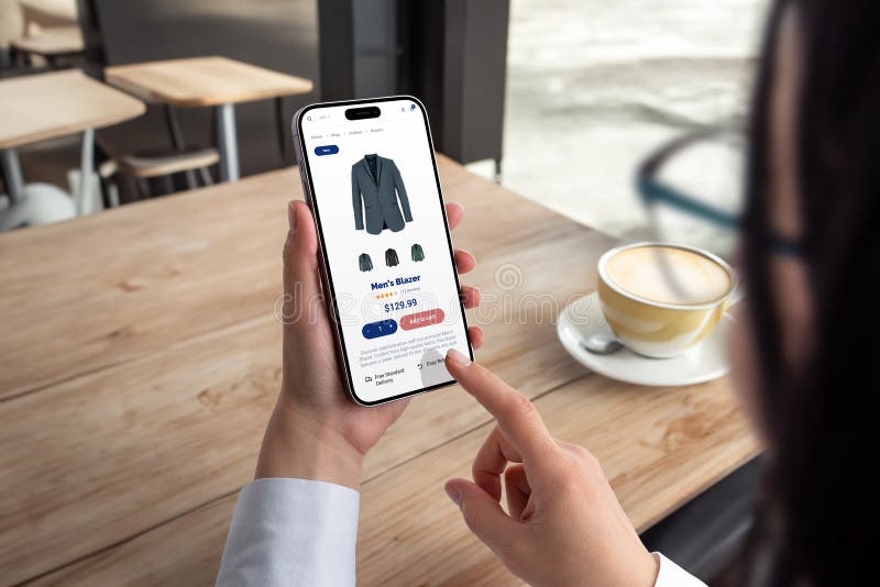 Woman Shops for Men S Blazer on Smartphone. Modern Ecommerce App ...