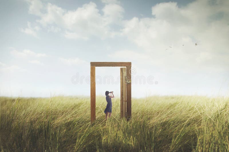 Woman with Telescope Observes the Landscape on the Threshold of a ...
