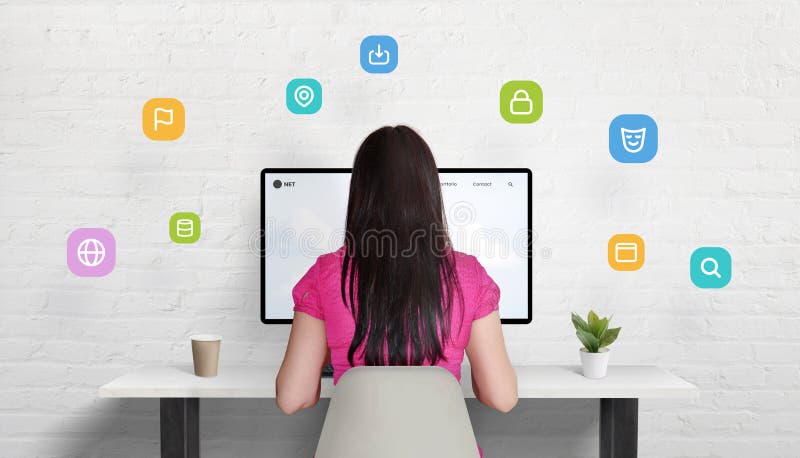 Woman Working on Desktop Computer, VPN Icons Floating Around Her ...