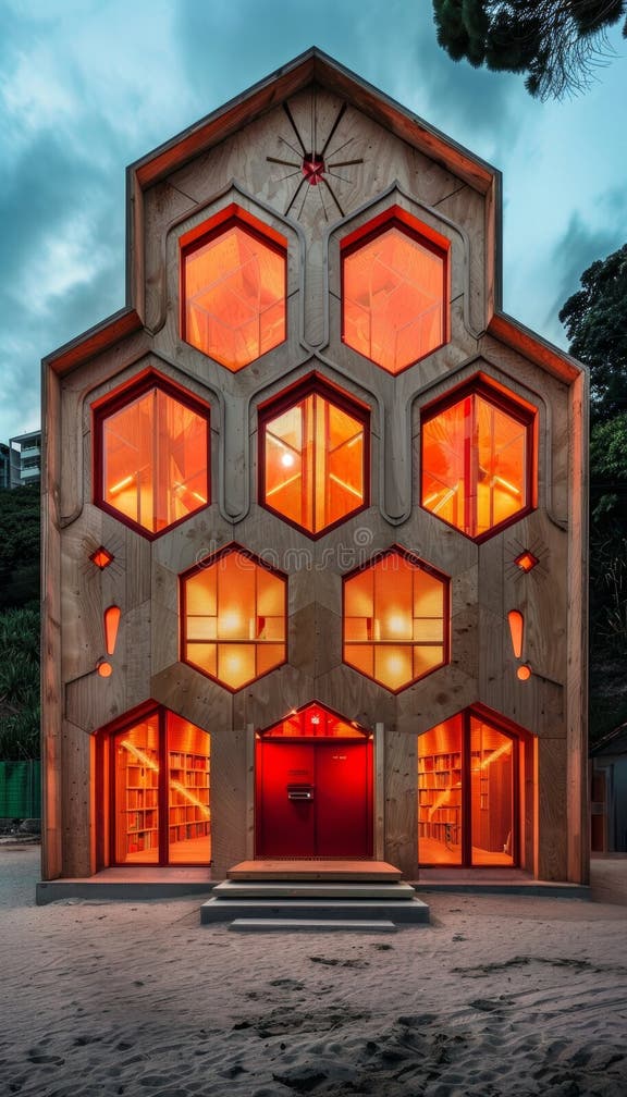 Wooden Hexagon-shaped Library with Illuminated Orange Windows on Sandy ...