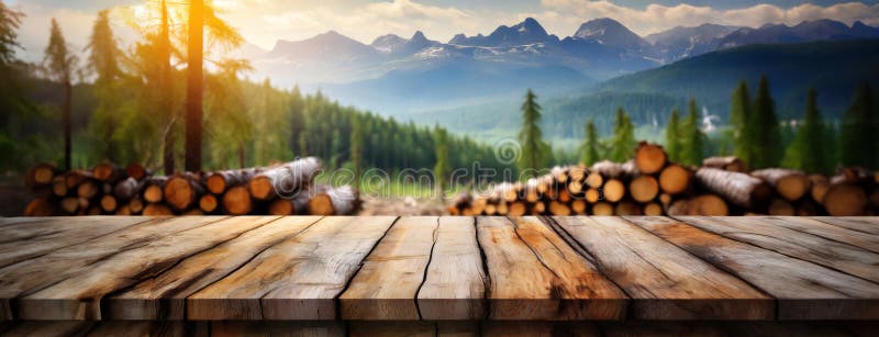 Wooden Planks Form a Platform with Forest Mountains Beyond. CUTTING ...