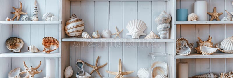 Wooden Shelf Filled with Various Decorative Seashell and Starfish ...