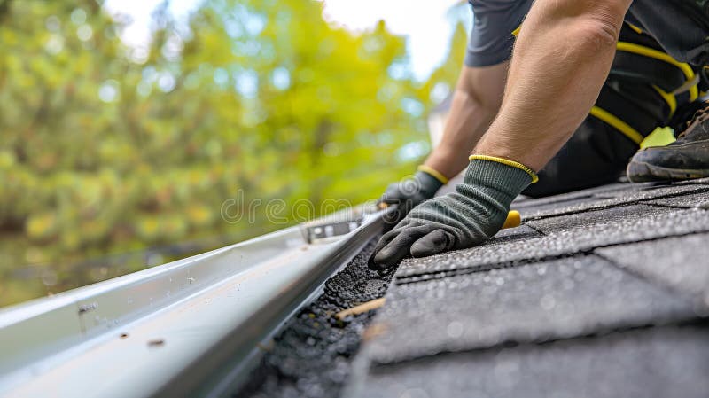 Worker Installing Roof Shingles and Gutter Guard on a Sunny Day. Concept of Home Improvement ...