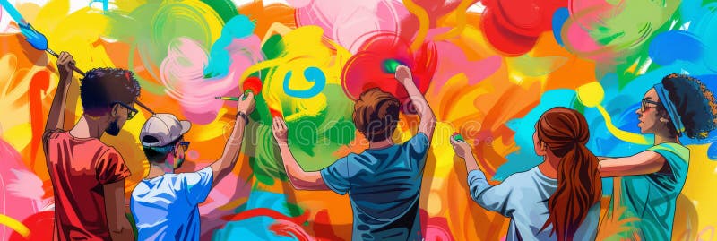 Working Together, a Group of Friends Paints a Mural on a Community Wall ...