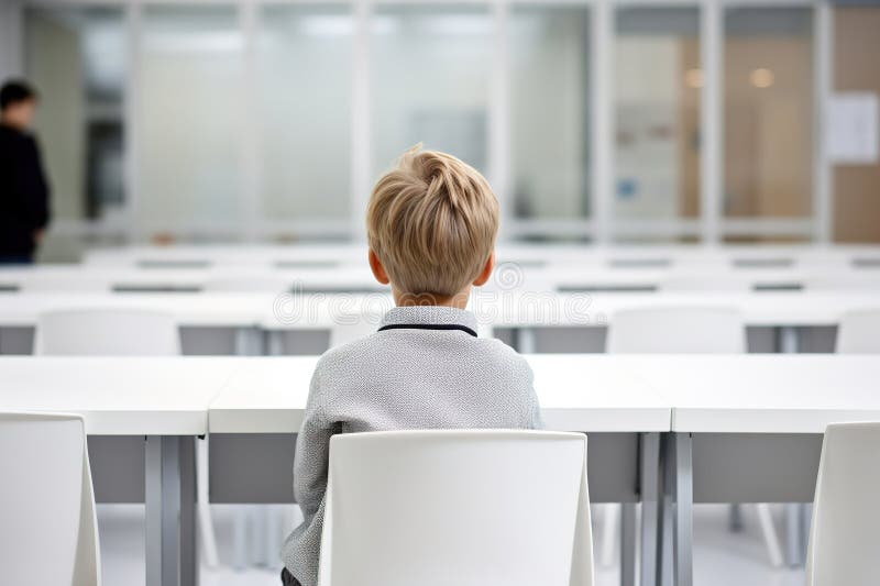 Young Student Seated in a Bright, Modern Classroom, Seen from Behind ...
