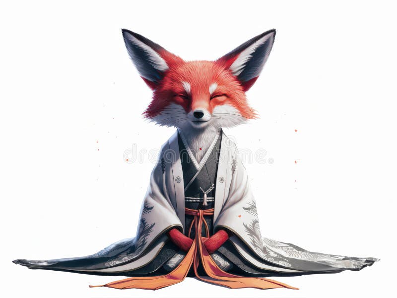 Zen Fox in Traditional Japanese Kimono Meditating with Tranquil ...