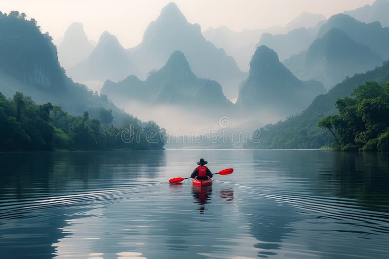 Generated Photo of a Man in a Kayak Exploring China. Stock Photo ...