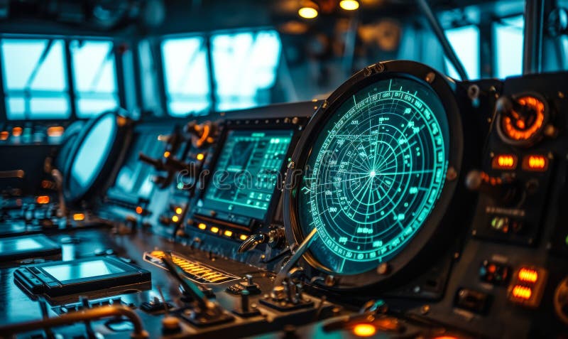 Advanced Maritime Navigation Radar Screen Glowing in a Dimly Lit Ships ...