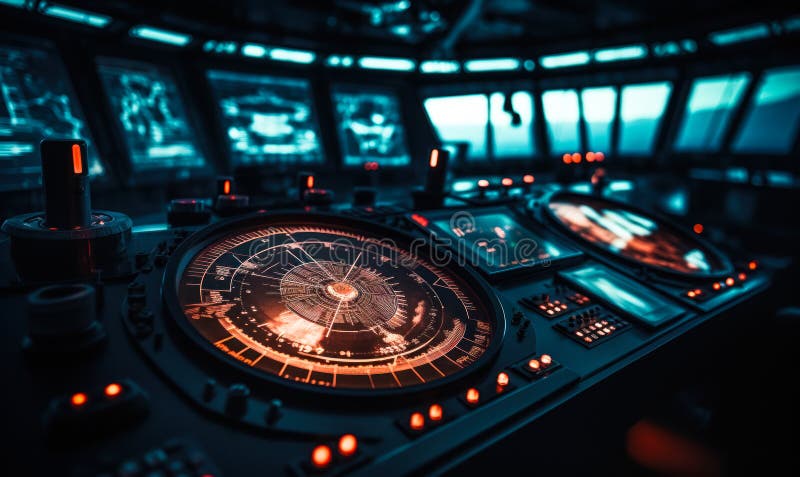 Advanced Maritime Navigation Radar Screen Glowing in a Dimly Lit Ships ...