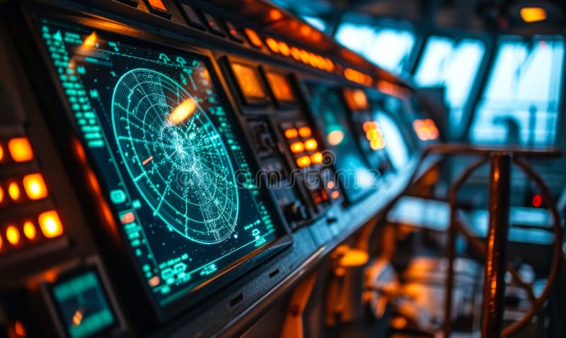 Advanced Maritime Navigation Radar Screen Glowing in a Dimly Lit Ships ...