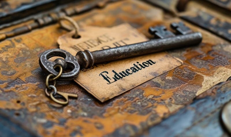 Antique Key with a Paper Tag Reading Education Symbolizes Knowledge As ...