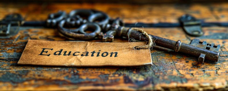 Antique Key with a Paper Tag Reading Education Symbolizes Knowledge As ...