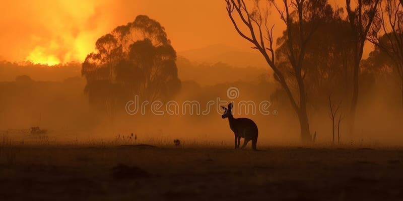 Australian Bushfire with Kangaroo Silhouette. Generative AI Stock ...
