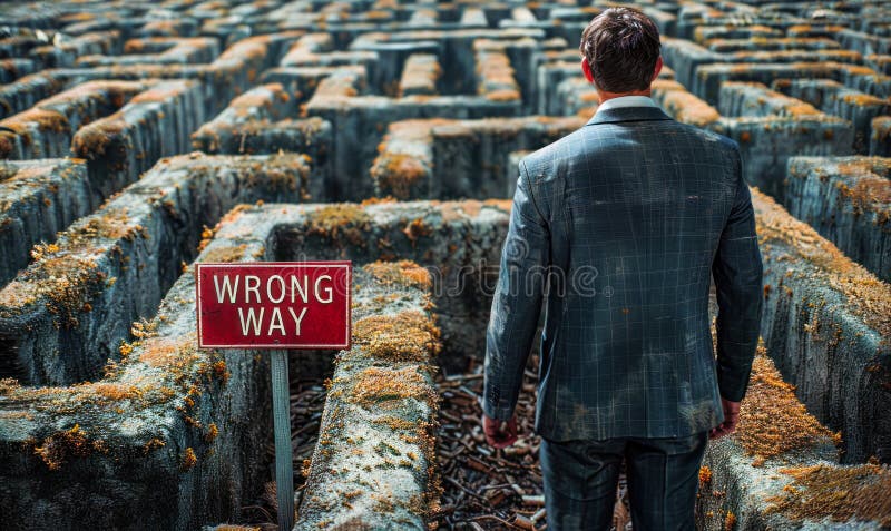Businessman in a Suit Facing a Wrong Way Sign at the Entrance of a ...