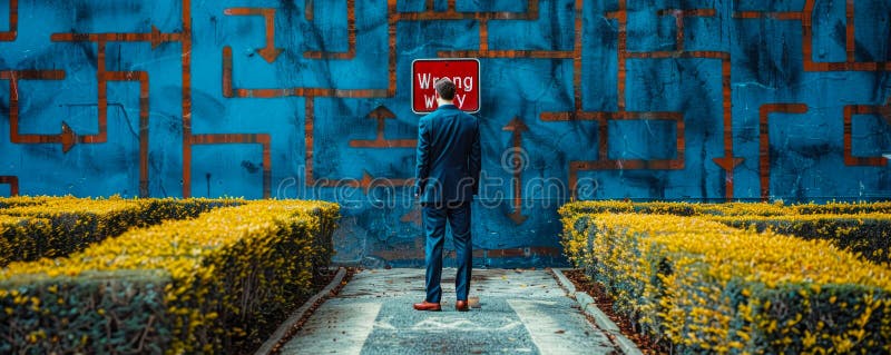 Businessman in a Suit Facing a Wrong Way Sign at the Entrance of a ...