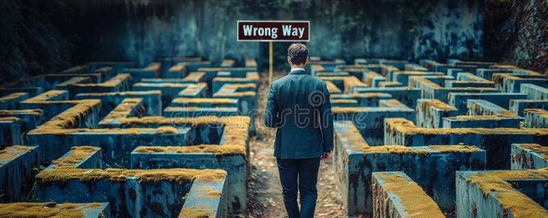 Businessman in a Suit Facing a Wrong Way Sign at the Entrance of a ...
