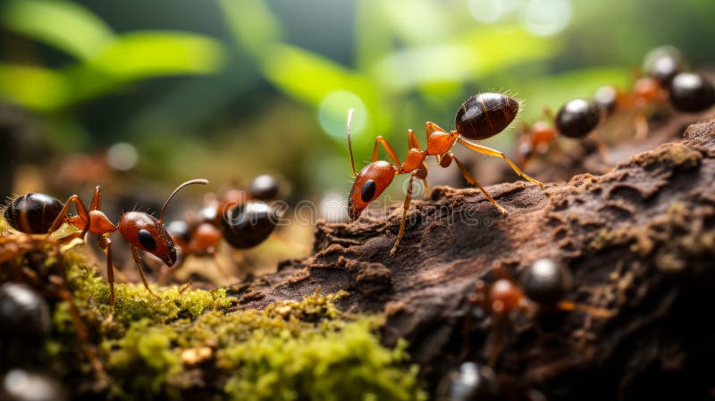 Busy Ant Colony at Work on Forest Floor Macro Shot with Selective Focus ...