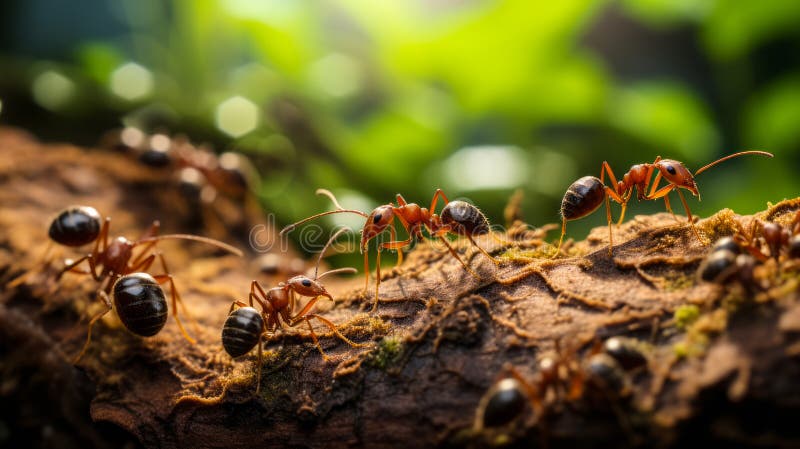 Busy Ant Colony at Work on Forest Floor Macro Shot with Selective Focus ...