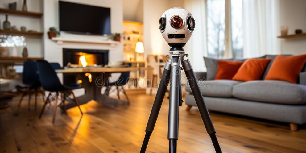 Capturing Every Angle 360-Degree Camera in a Modern Living Space Stock ...