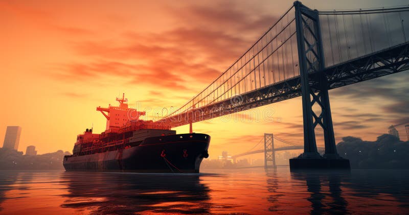 Cargo Ship Passing Under a Majestic Bridge Stock Illustration ...