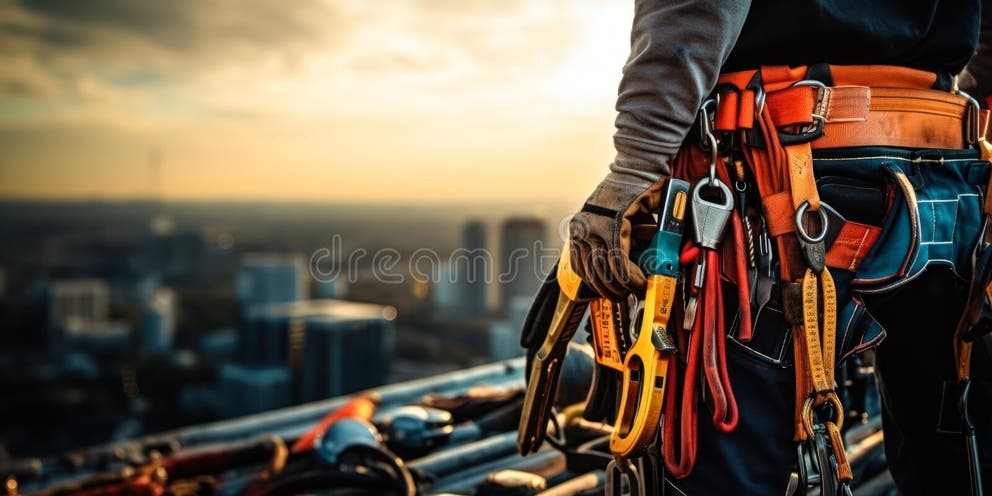 Close-up of Construction Workers Tool Belt with Various Tools on a High ...