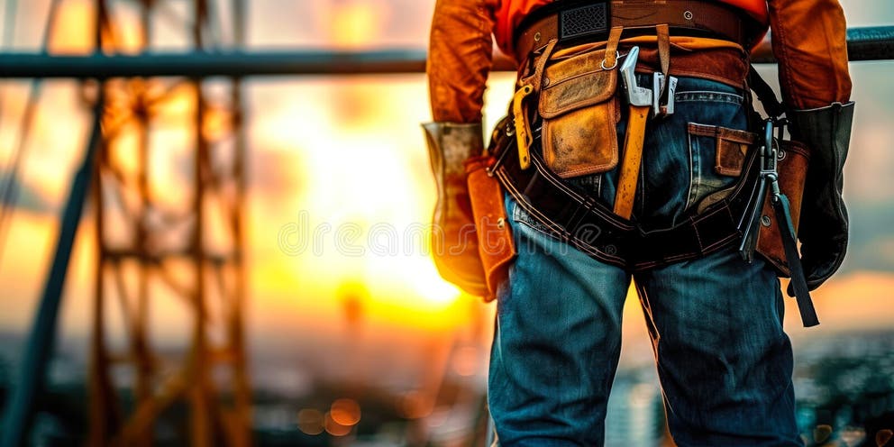 Close-up of Construction Workers Tool Belt with Various Tools on a High ...