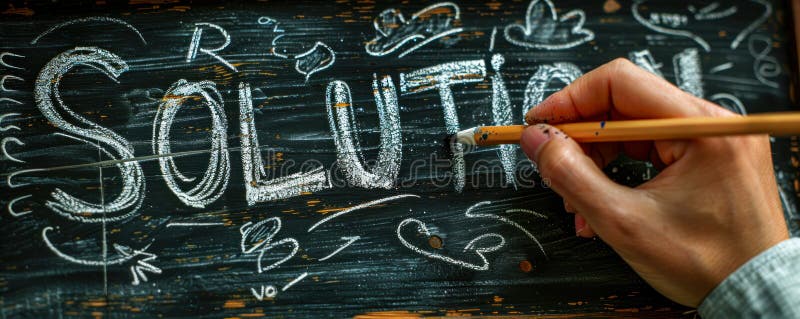 Close Up of a Persons Hand Writing the Word Solution with White Chalk ...