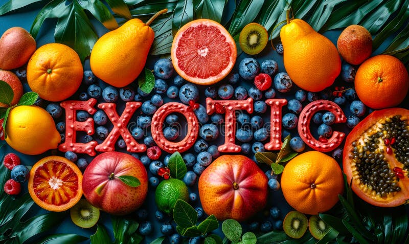 Colorful Exotic Fruit Varieties Forming the Word EXOTIC on a Bright ...
