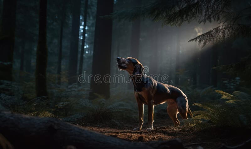 Coonhound Howling in the Moonlight Amid a Dense Forest. this ...