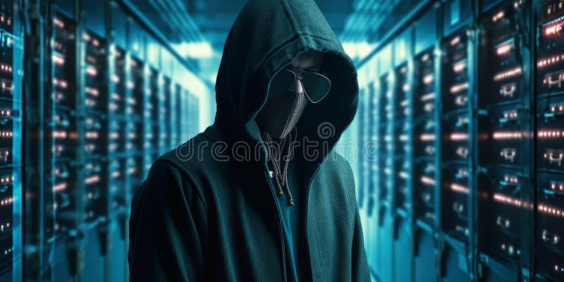 Hacker in a Hood with a Hidden Face Looks at the Screen of a Laptop ...