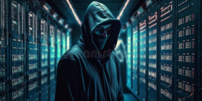 Dark Hacker with Hood and Mask Strikes Inside of Data Center ...