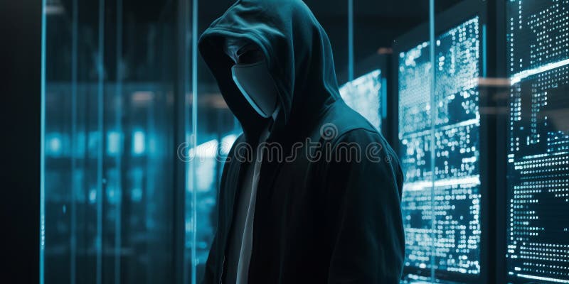 Data Breach: Anonymous Hacker in Hood and Mask Stealing Data from Inside Data Center. Generative ...