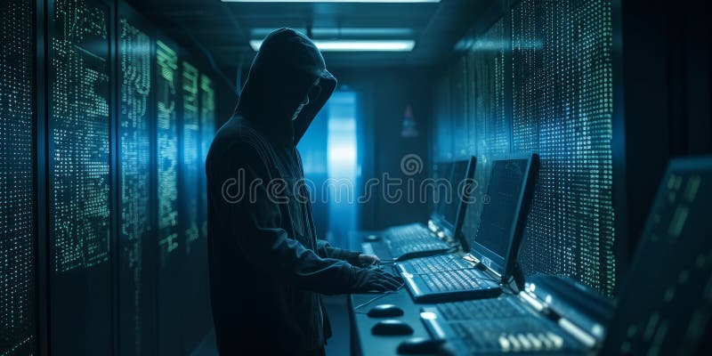 Data Breach: Anonymous Hacker in Hood and Mask Stealing Data from Inside Data Center. Generative ...