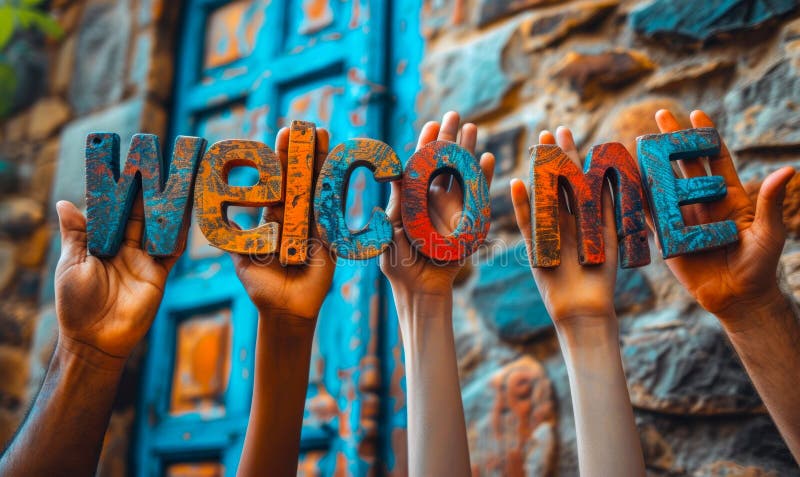 Diverse Hands Raised and Holding Colorful Letters Spelling Welcome ...
