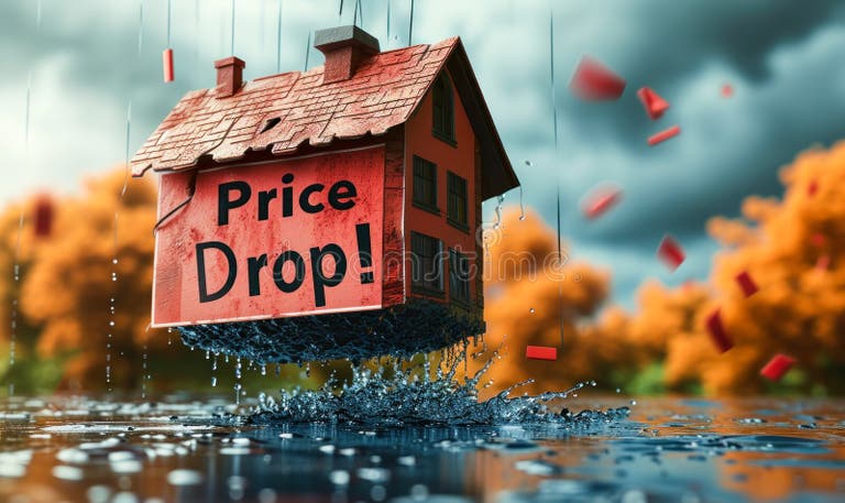 Dramatic Illustration of a Price Drop! Sign on a Falling House ...