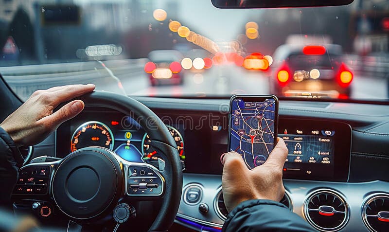 Driver Navigating Busy City Streets at Night Using Smartphone and Cars ...