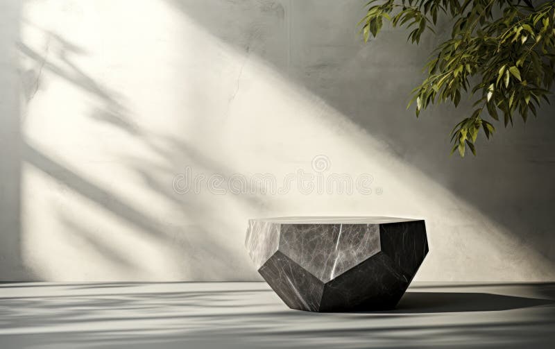 Elegant Geometry Gray Granite Stone Side Table with Leaf Foliage Shadow ...