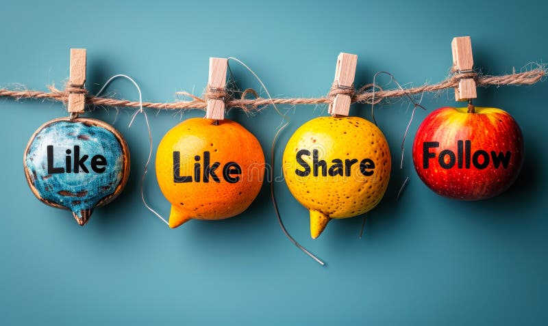 Engagement Concept with Like, Share, Follow Speech Bubbles Pinned on a ...