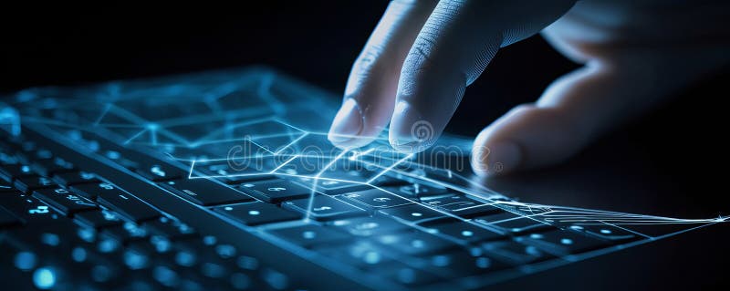 Finger Touching Digital Blue Mesh of Connections with Keyboard and ...