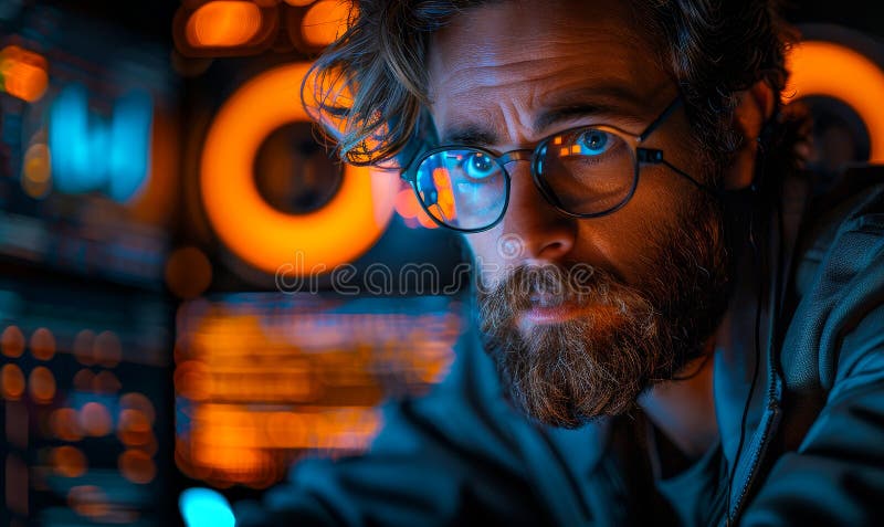 Focused Programmer Engaged In Cybersecurity Coding On A Global Network Map Stock Illustration