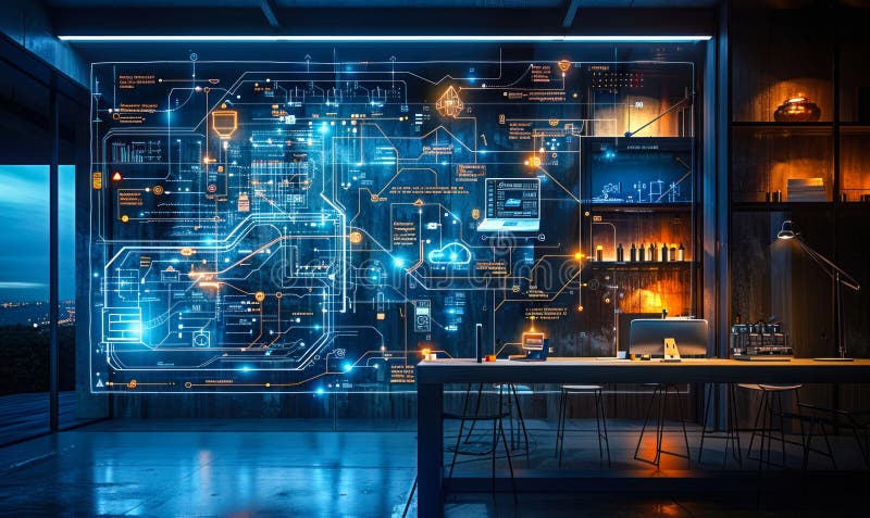 Futuristic Concept Room with Holographic Projection of Technical ... Futuristic Concept Room with Holographic Projection of Technical ...