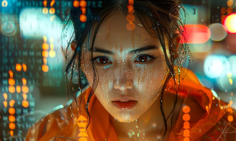 Futuristic Cyberpunk Scene Techno-Savvy Asian Woman with Glowing Laptop ...