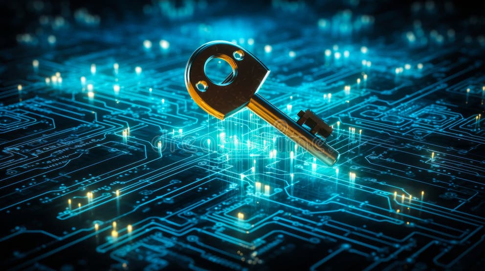 Futuristic Digital Cybersecurity Concept with Glowing Key and Binary Data Streams Flowing in ...
